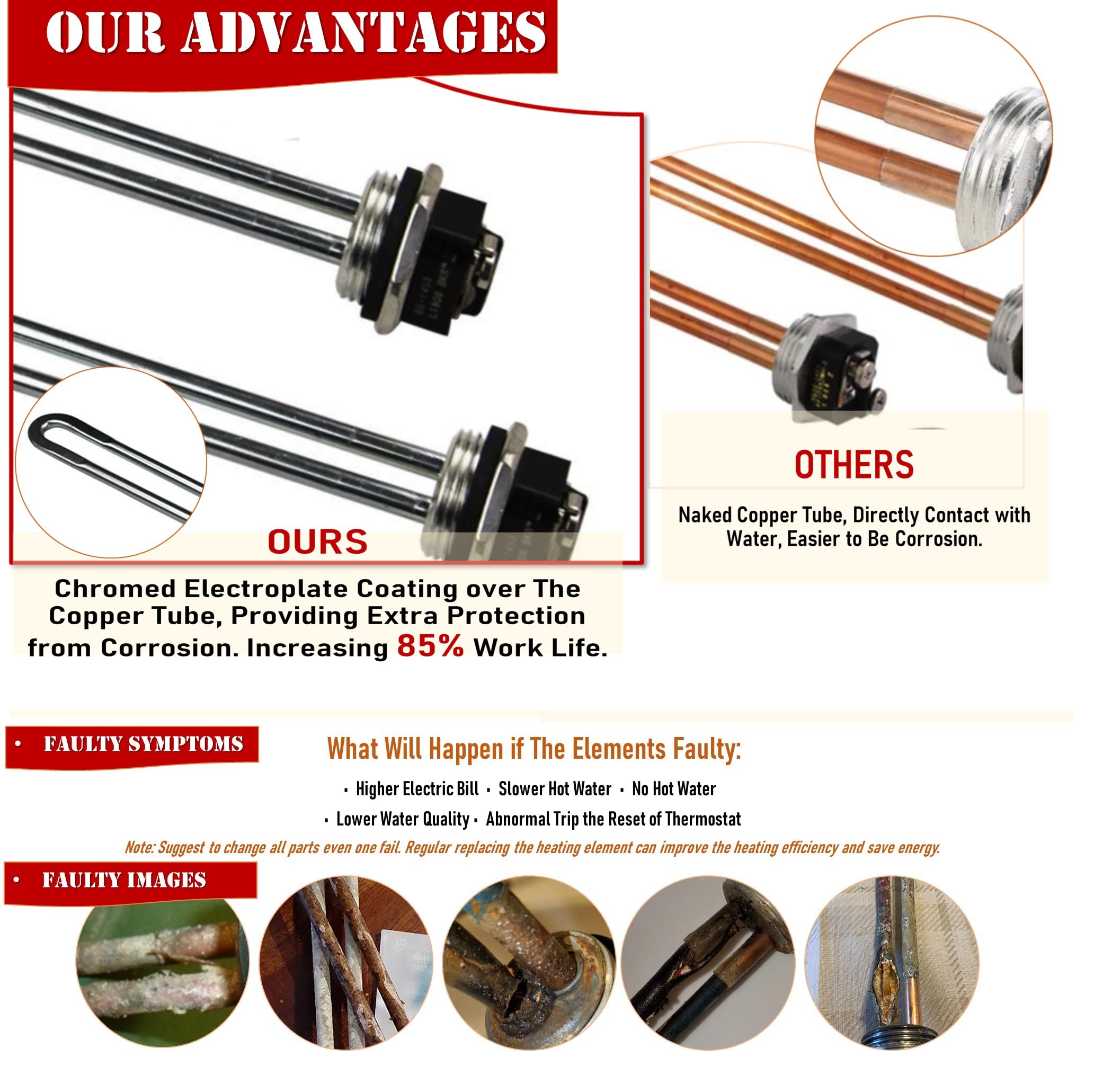 EWH-01 Electric Water Heater Tune-Up Kit, Includes Two Water Heater Thermostat, Two Water Heater Elements - 4500W 240V (3500W@208V), Universal Type Thermostat as Water Heater Replacement Parts