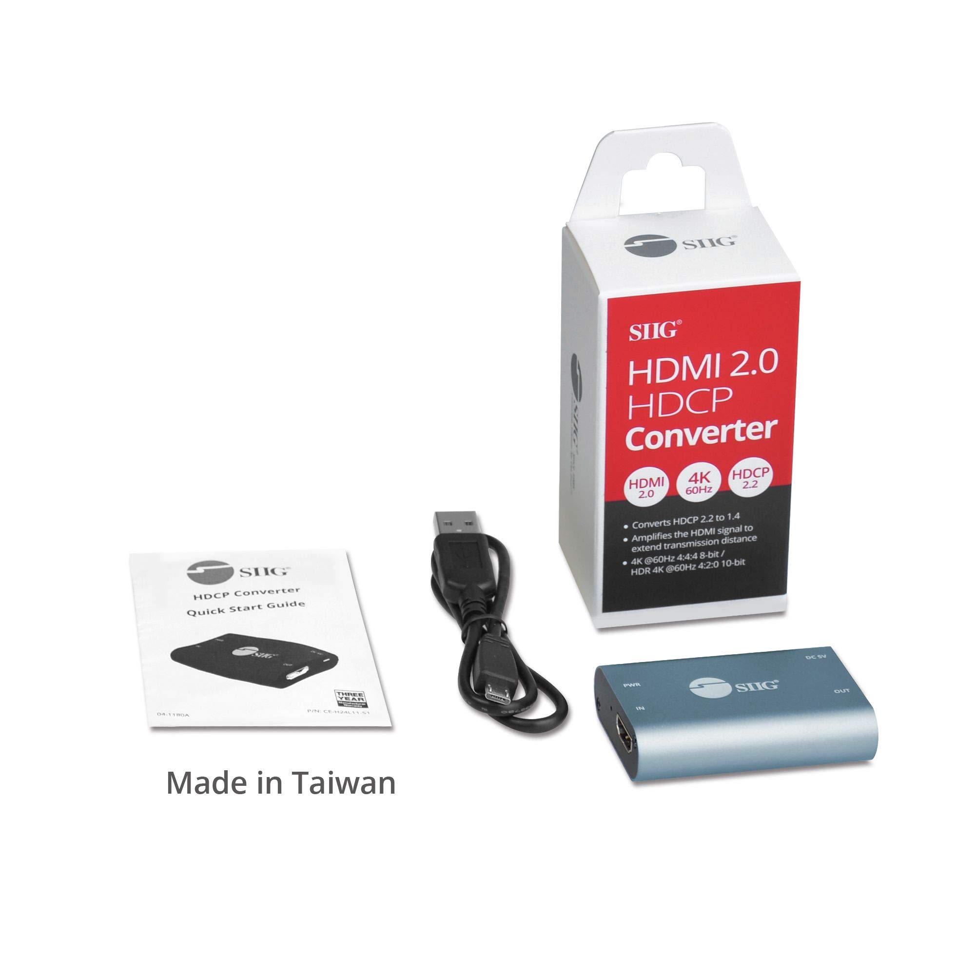 SIIG HDMI 2.0a HDCP 2.2 to 1.4 Converter 4K @60Hz YUV 4:4:4, HDR, CEC Pass-Through, Signal Cleaner/Repeater, USB Powered Up to 20M Extension TAA Compliant (CE-H24L11-S1)