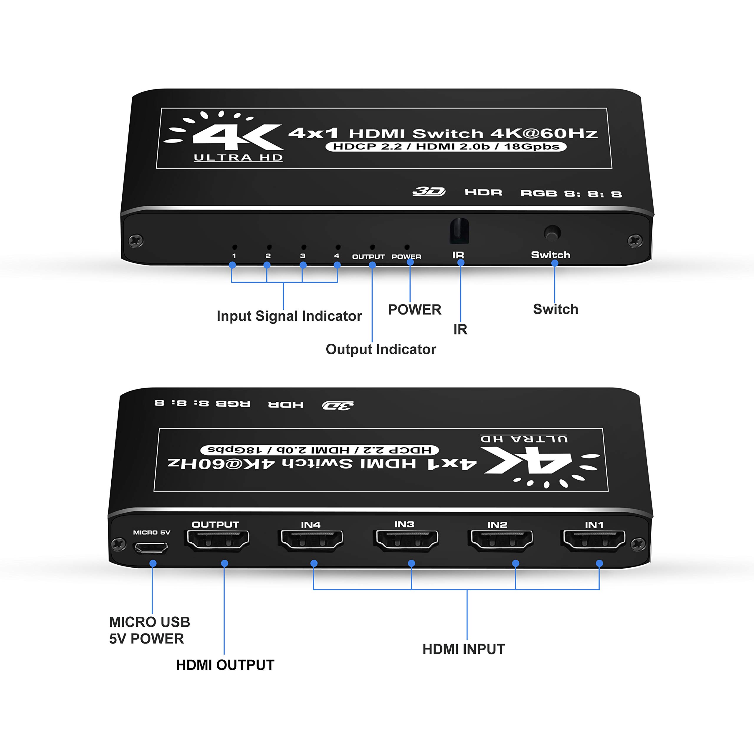 avedio Links 4K@60HZ HDMI Switch 4x1, HDMI Switch 4 in 1 Out with IR Remote Control, 4 Port HDMI Switcher Selector