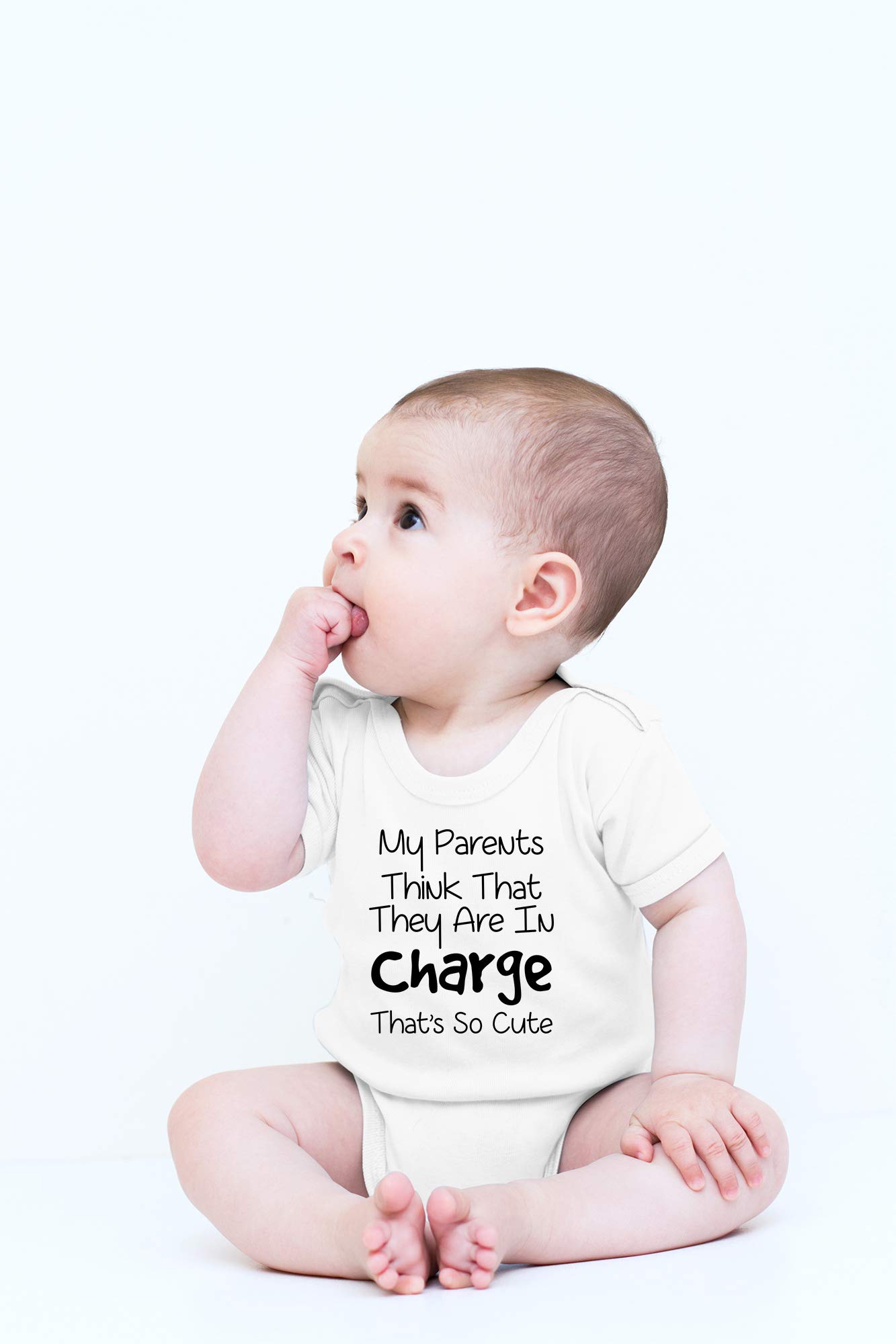 CBTwear My Parents Think That They Are in Charge Baby Bodysuit Funny Infant Outfit Unisex Humor Romper (Newborn, White)