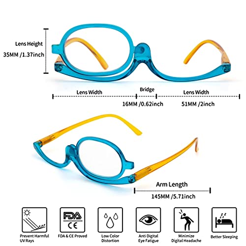Amorays Makeup Reading Glasses for Women - Magnifying Cosmetic Make Up Readers Flip Eyeglasses (Blue, 1.5 diopters)