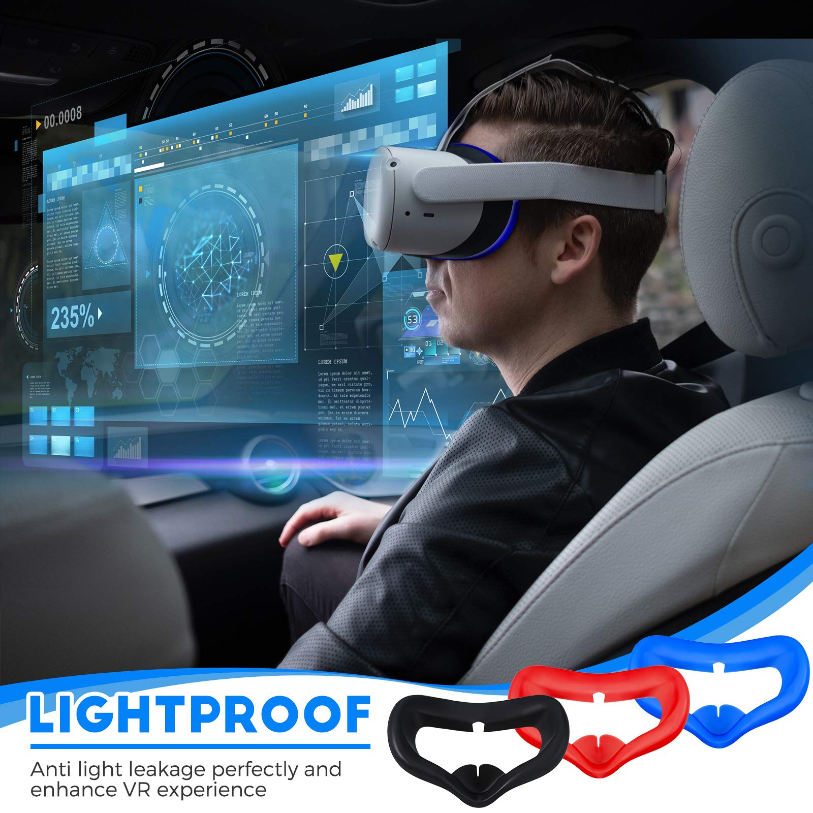 3 Pieces Eye Silicone Cover Silicone Face Covering Compatible with Oculus Quest 2 Sweatproof Lightproof Leakproof (Black, Blue, Red)
