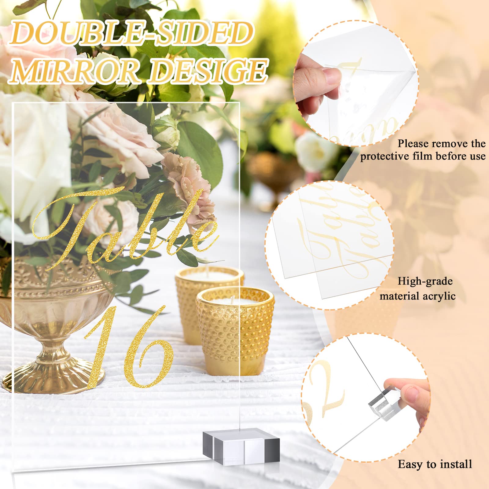Acrylic Wedding Table Numbers with Stands 1-40 Gold Table Number Signs and Holders 4 x 6 Inch Printed Calligraphy Table Number Holders Clear Acrylic Sign for Wedding Reception Centerpiece Event Party