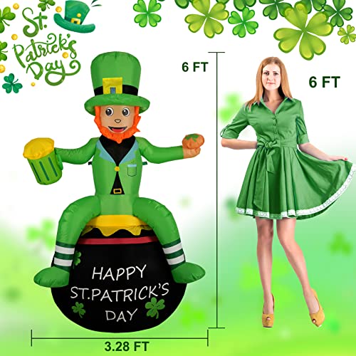6ft St. Patrick's Day Inflatables Blow Up Outdoor Decorations Leprechaun on Pot of Gold with Beer and Clover Yard Decoration Built-in Led and Fan