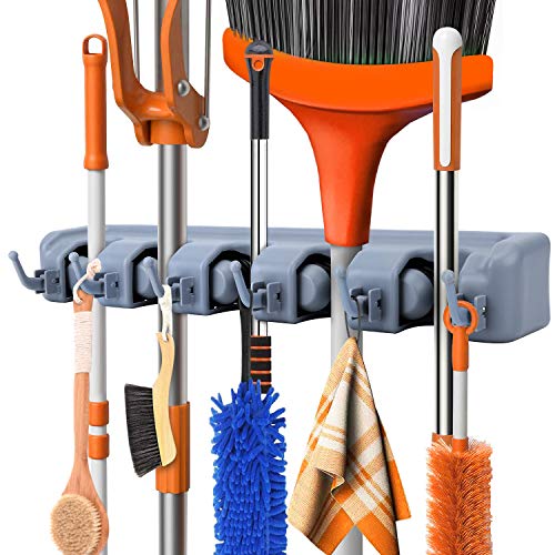 Feir Mop Broom Holder Wall Mounted Kitchen Hanging Garage Utility Tool Organizers and Storage Rack For Commercial Bathroom Laundry Room Closet Gardening (Grey)