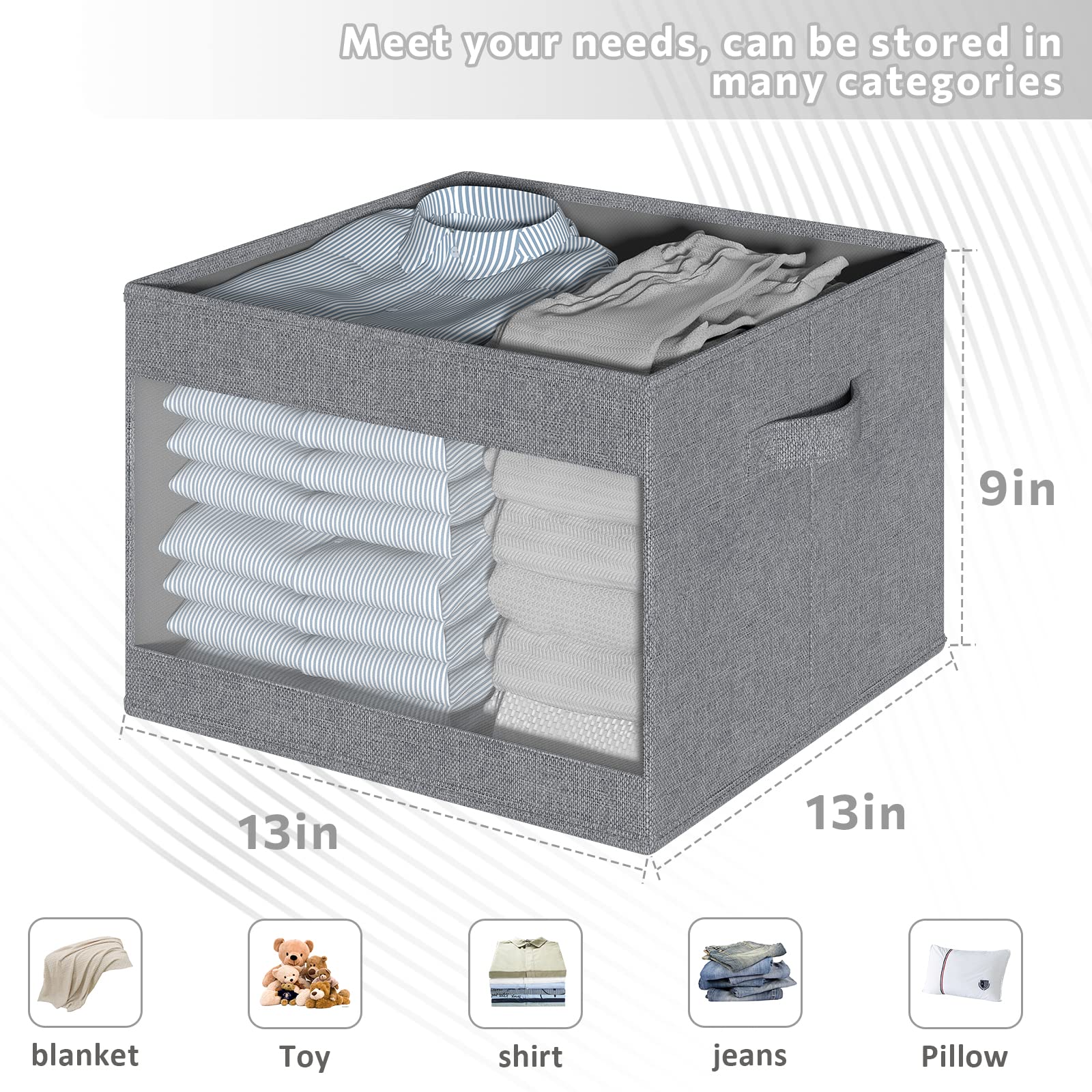 3 Pack Closet Storage Bins with Clear Window - Foldable Storage Cubes with Handles Clothing Baskets for Shelves Large Fabric Closet Organizers and Storage Bins for Clothes, Toys, Book (Gray 3pcs)