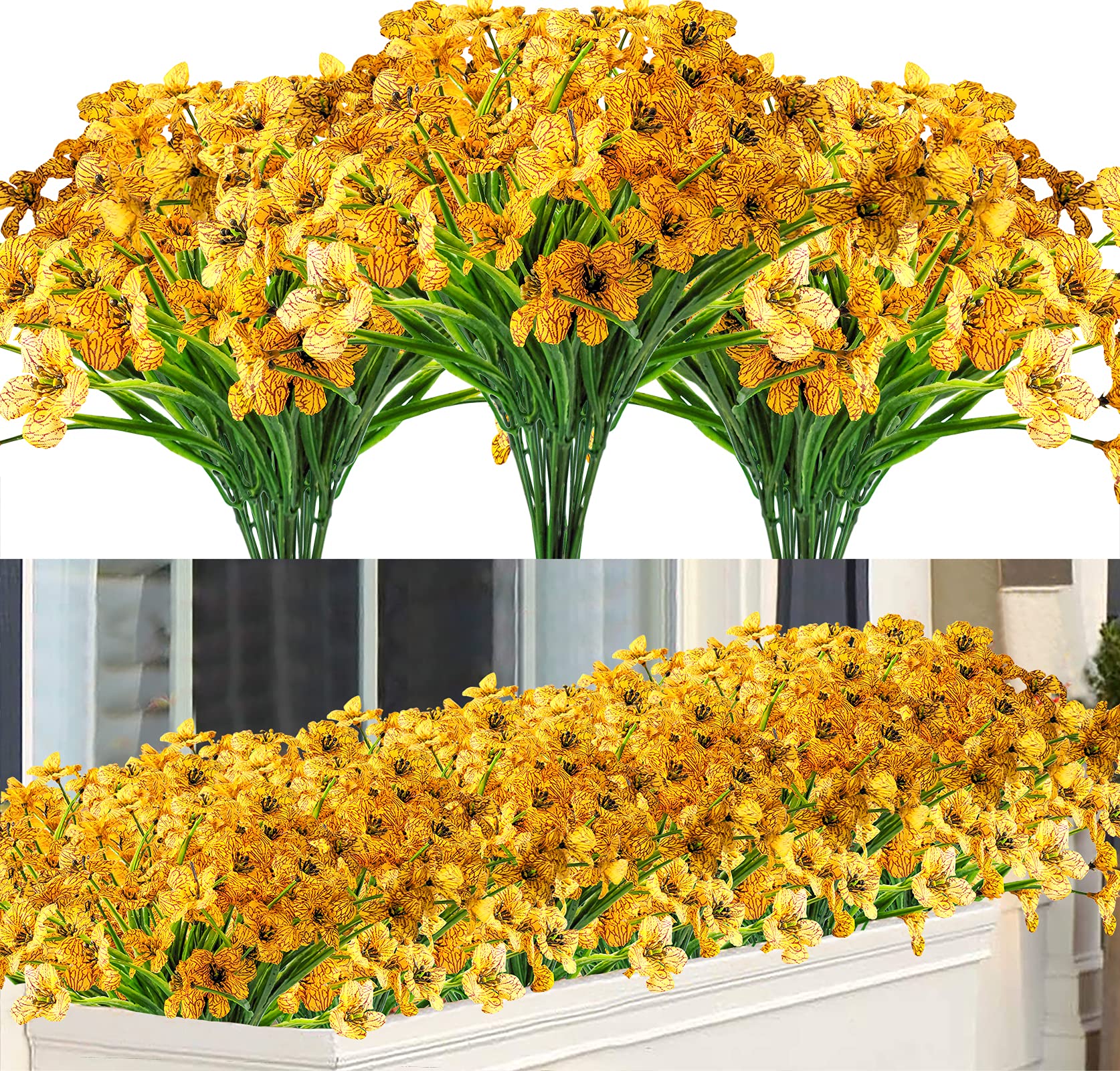 AUMVEYI 4 Bundles Artificial Plants Outdoor Fake Mums Flowers Bulk UV Resistant Faux Greenery Plastic Floral Decoration for Home Outside Garden Porch Hanging Planter décor