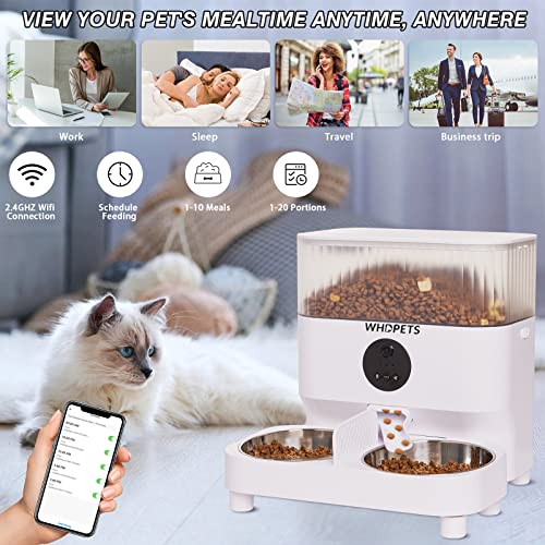 Automatic Cat Feeders, WHDPETS 5L Cat Food Dispenser with 1080P Camera for 2 Cats & Dogs with Feeding Mat, Portion Control, Dual Power Supply, Voice Recorder, 2.4G Wi-Fi Enabled