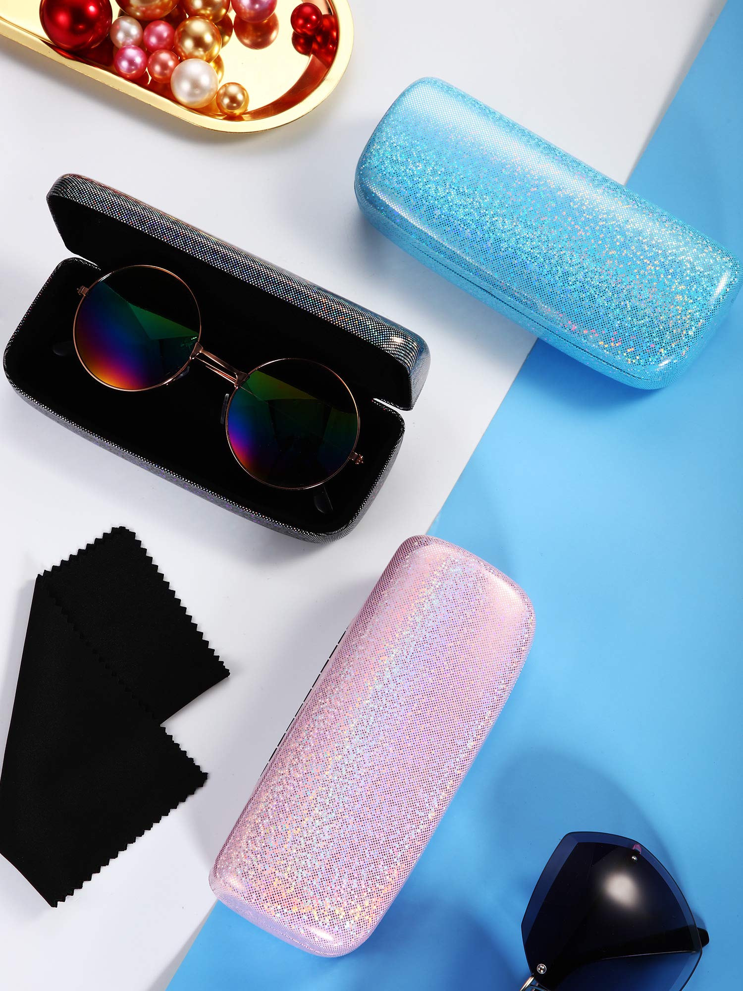 3 Pieces Hard Shell Sunglasses Case Dazzling Glitter Glasses Case Smooth Sunglasses Case with Eyeglass Cloth