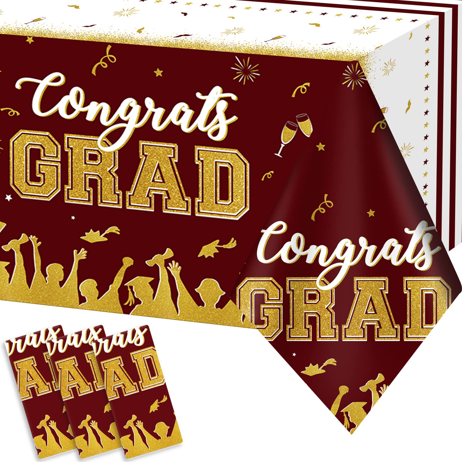 chiazllta Set of 3 Graduation Tablecloths Class of 2024 Congrats Grad Maroon Graduation Party Tablecover Decorations Party Supplies Large Size Plastic 54"x108"(Maroon & Gold)