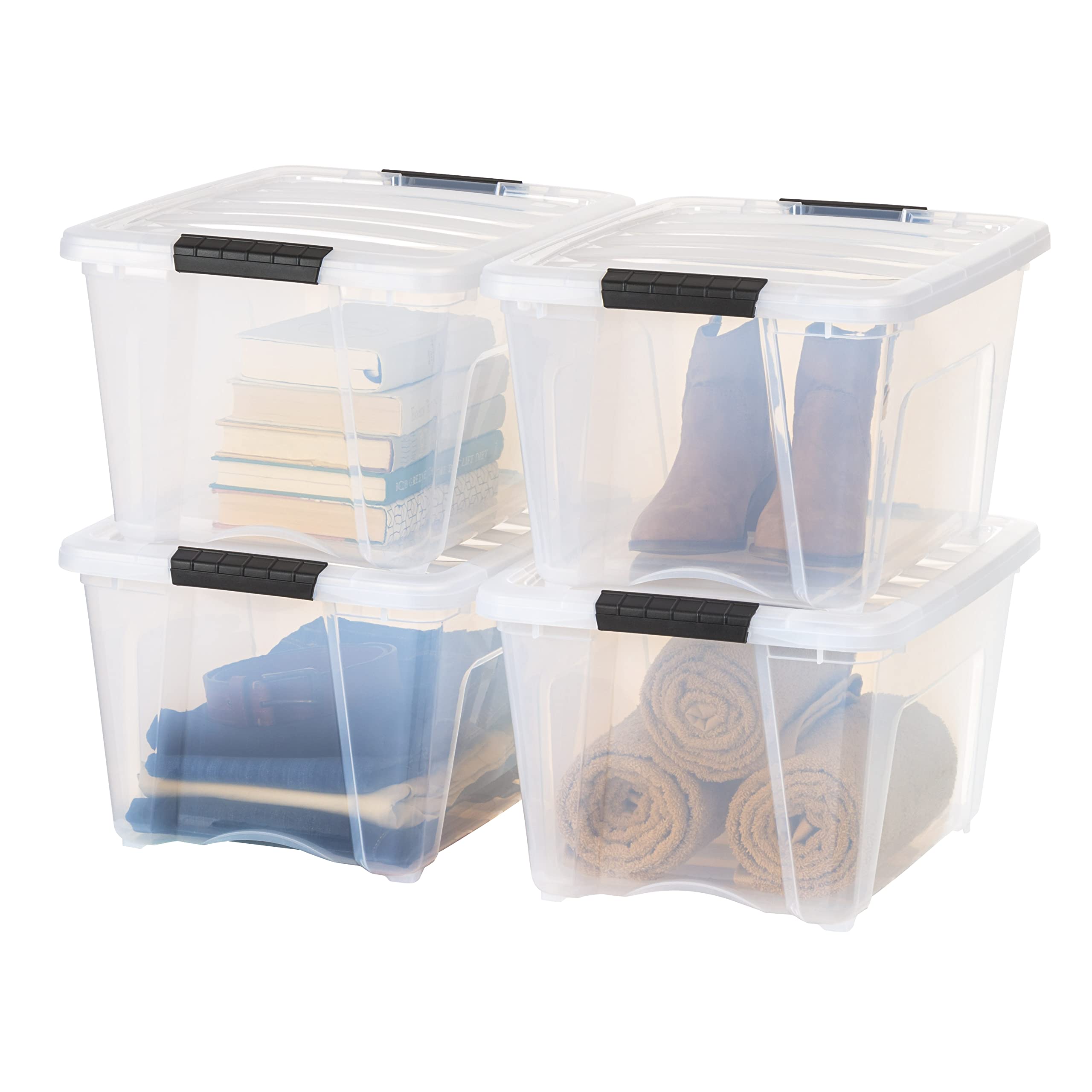 IRIS USA 32 Quart Stackable Plastic Storage Bins with Lids and Latching Buckles, 4 Pack - Clear, Containers with Lids and Latches, Durable Nestable Closet, Garage, Totes, Tubs Boxes Organizing