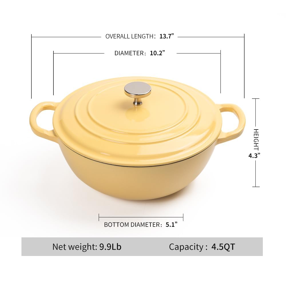 M-COOKER 4.5 Quart Dutch Oven Pot with Lid: Versatile Cast Iron Enamel Dutch Oven for Sourdough Bread Baking or Frying, Roasting, and Simmering(Yellow), 13.7Lx10.2Wx6H