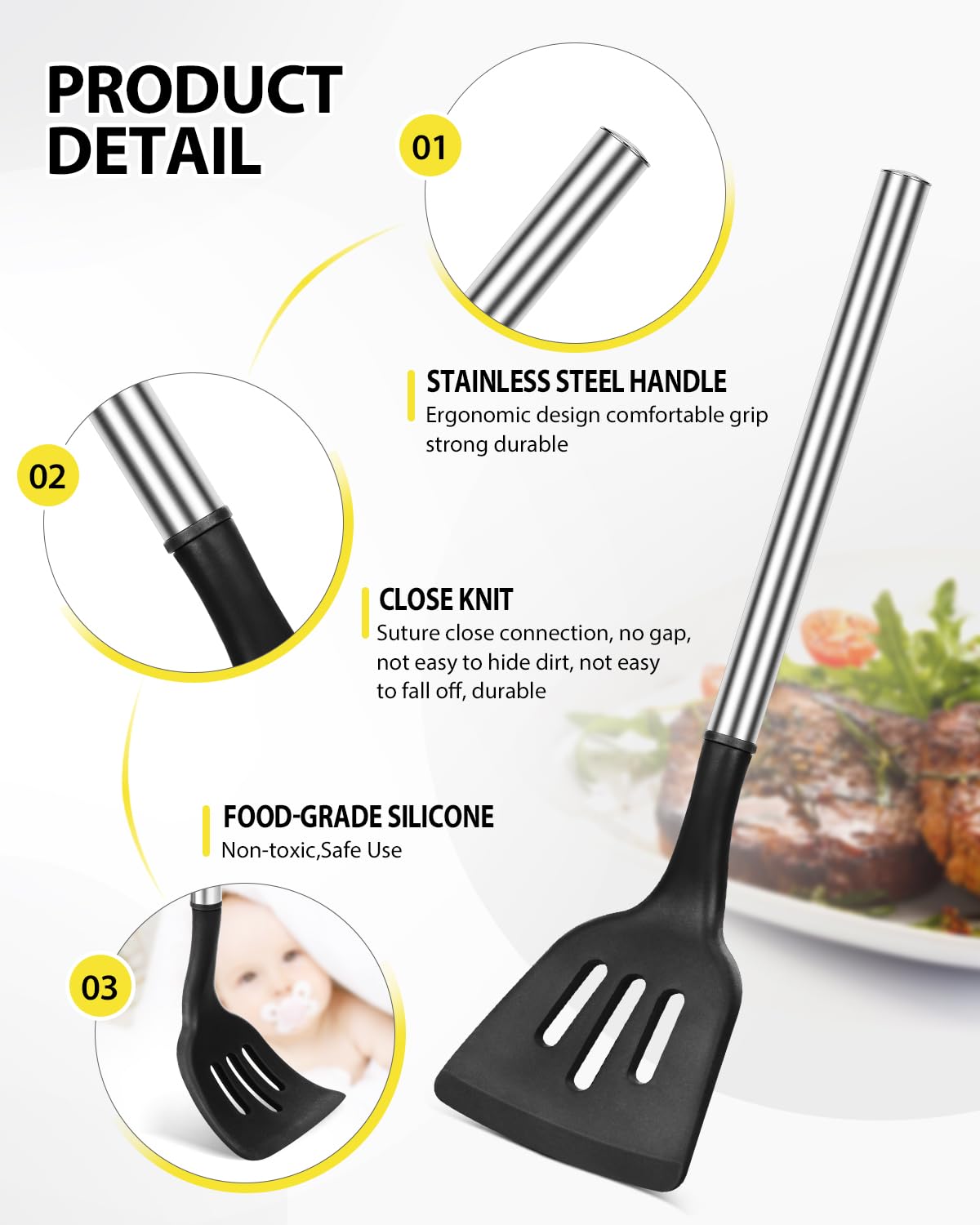 4 Pcs Silicone Kitchen Utensils Set, Wok Spatulas-Slotted Turner-Cooking Spoon-Slotted Spoon, Non-Stick BPA Free Heat-Resistant Basting Stainless Steel Handle Kitchenware for Cooking, Mixing, Serving