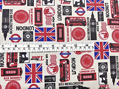AMORNPHAN 45 Inch London British Big Ben Bus Great England United Kingdom UK England Flag Country Printed Cotton Fabric for Patchwork Needlework DIY Handmade Sewing Crafting Home Decoration For 1 Yard