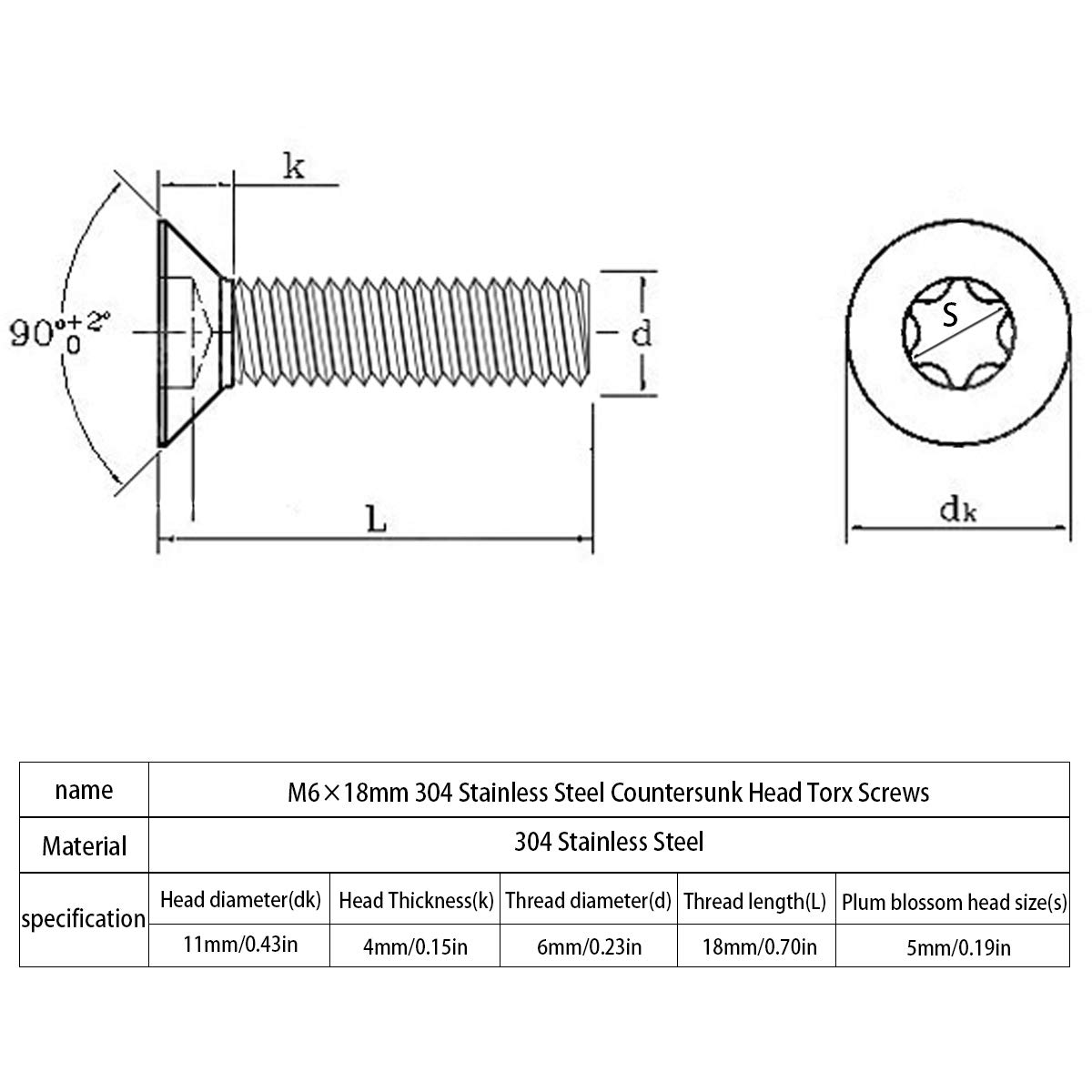 M6-1.0×18mm 304 Stainless Steel Countersunk Head Torx Screws 20pcs, Full Thread Screws, Standard Torx Drive Head. (Size: M6x18mm)