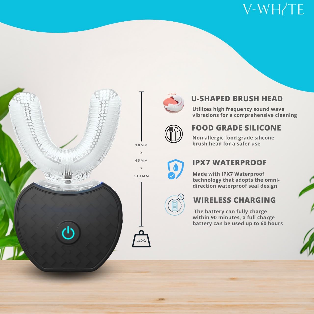 V-WHITE Ultrasonic U-Shaped Toothbrush for Teeth Whitening, Electric Toothbrush For Adults - 360° Mouth Cleansing, Hands Free Gums Protection - Wireless Charging & LED Light -Waterproof IPX7 Certified