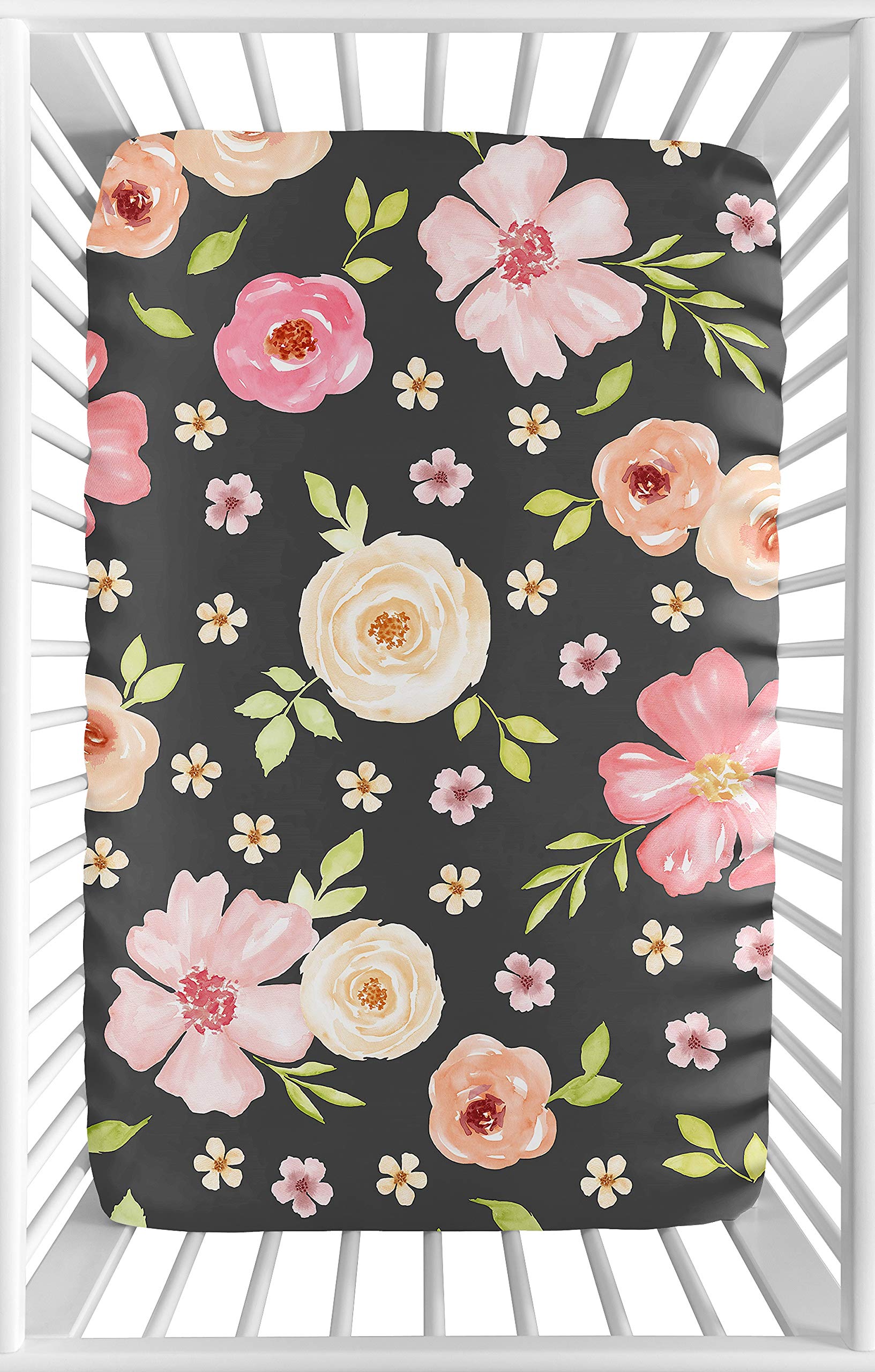 Sweet Jojo Designs Black and Blush Pink Shabby Chic Baby Girl Fitted Mini Portable Crib Sheet for Watercolor Floral Collection - Rose Flower - for Mini Crib or Pack and Play ONLY