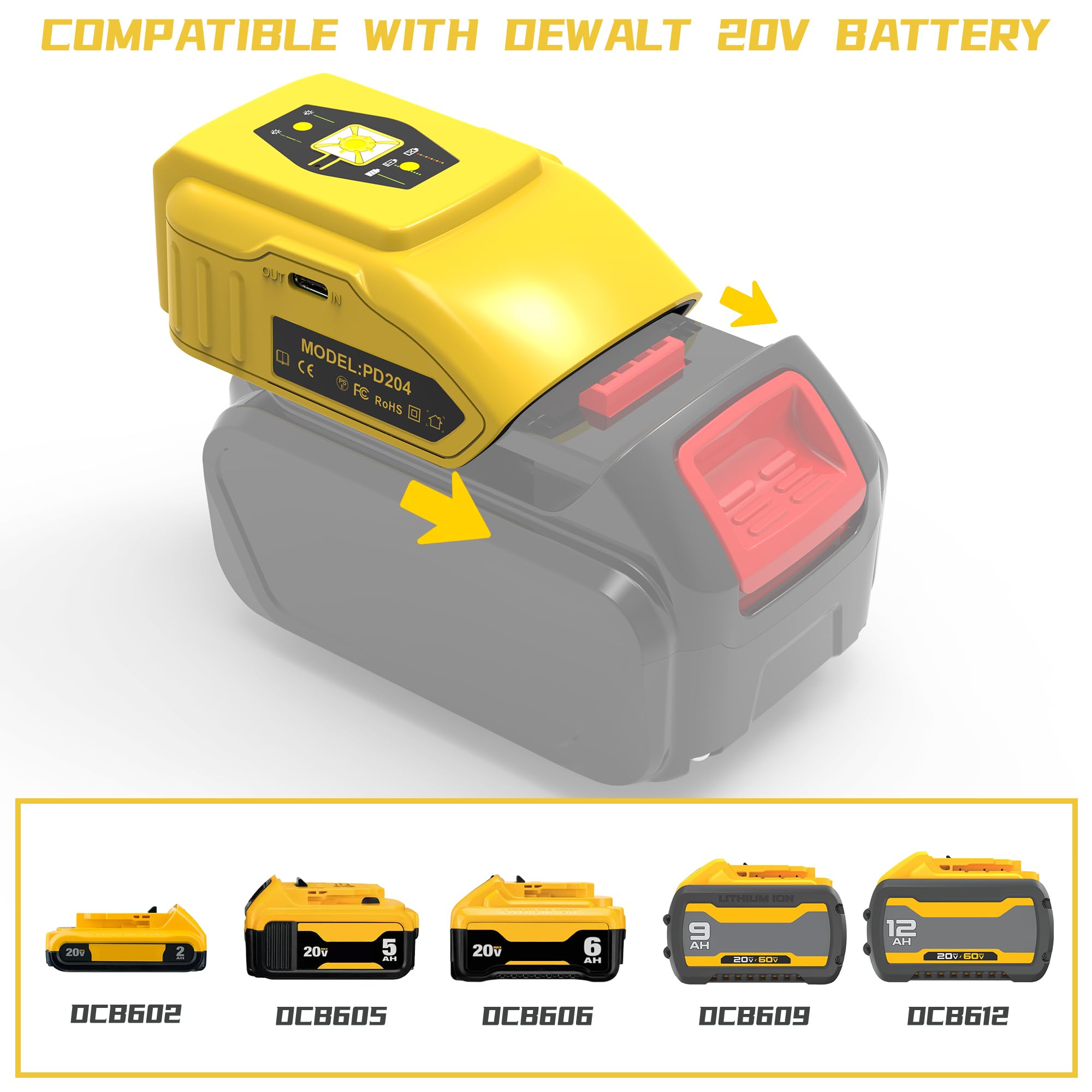 Rebicacate Portable USB Charger for Dewalt 20V Battery with USB C PD2.0 33W Output, Compatible with Dewalt Charger, Compatible with DCB204 DCB200 DCB205 Power Power Tools Lithium-Ion Battery