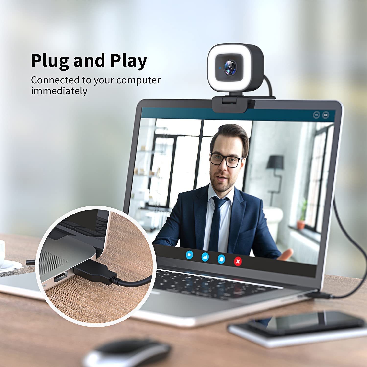 60FPS Webcam with Ring Light, Auto-Focus 1080P Web Camera with Dual Microphone and Privacy Cover,Streaming Webcam for YouTube, Skype, Zoom, Twitch, OBS, Xsplit and Video Calling