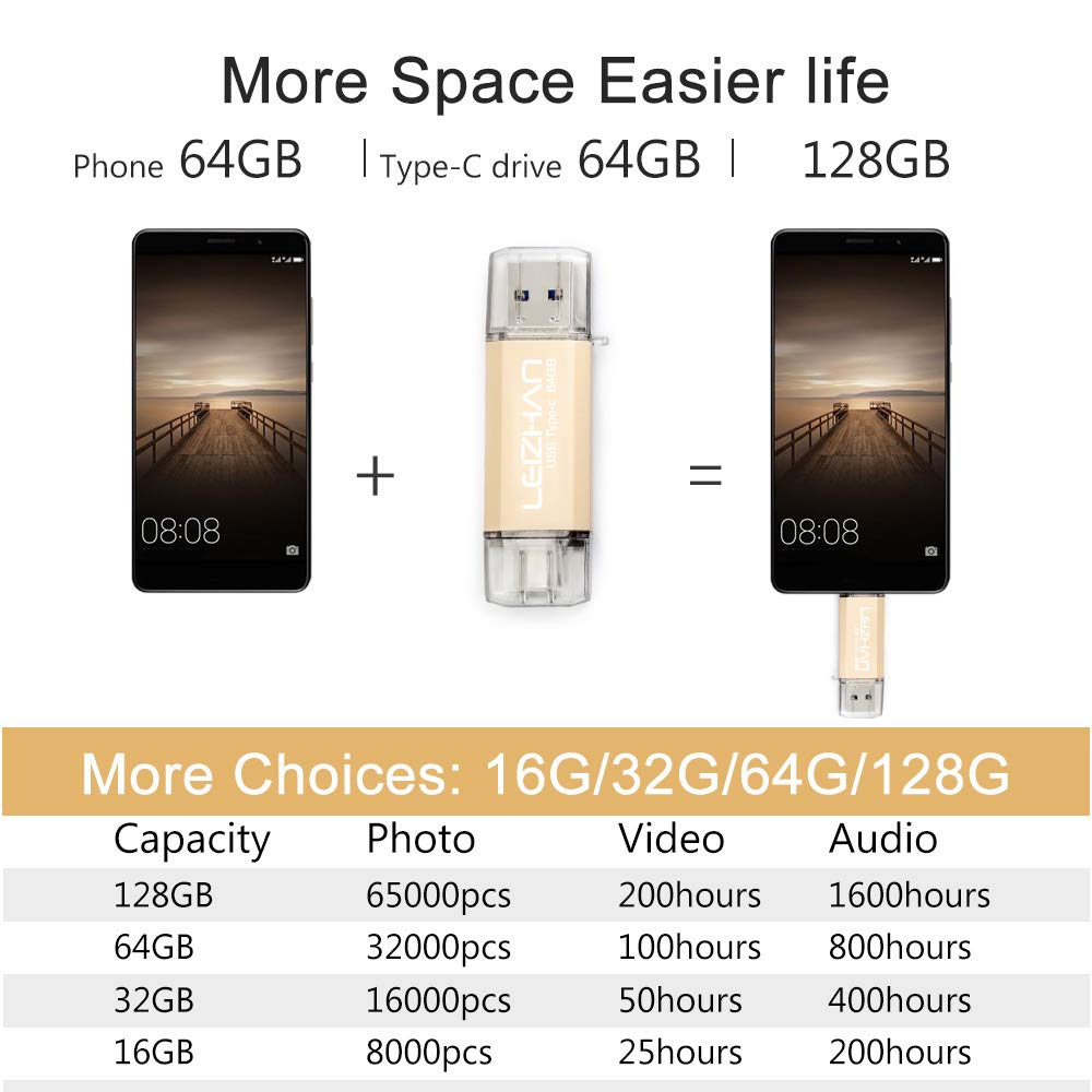 leizhan USB C Thumb Drive 64GB, Type C USB Memory Stick for Samsung Galaxy S10,S9, Note 9, S8, S8 Plus,Google Pixel XL, with USB OTG Adapter Micro and Type-C USB to USB Converter