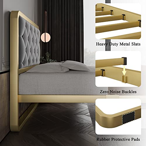 Feonase Twin Metal Bed Frame, Heavy Duty Platform Bed Frame with Steel Slats, Velvet Upholstered Headboard, 12" Storage Space, No Box Spring Required, Noise Free, Easy Assembly, Golden and Gray