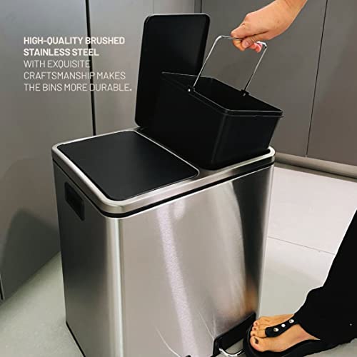 AWENN - Dual Kitchen Garbage Trash Can with Lid and Pedal - Touchless Round Shape Waste Bin - Stainless Steel Dustbin for Kitchen, Bathroom, Office and Outdoors β Black (7.9 Gallon β 30 Liters)