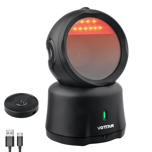 VOTTAN Omni-Directional Desktop Barcode Scanner, Bluetooth + 2.4G Wireless Hands-Free Barcode Reader, 360° Rotating Charging Stand Adjustable Scan Head 2D QR Code Presentation Scanner