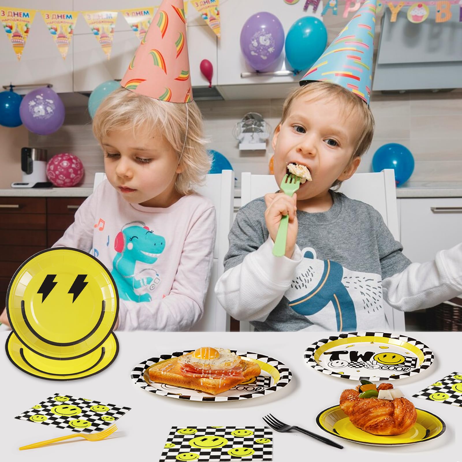 96 Pcs Two Cool Dude Birthday Party Decorations 350 GSM 2nd Birthday Party Supplies Tableware Set for Two Year Old Happy Dude Yellow Black Lightening Checkered Party Baby Shower Decor Serves 24 Guests