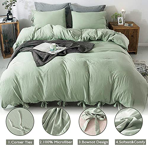annadaif Green Duvet Cover Queen Size, 3 Pieces Soft Washed Microfiber Duvet Cover Set, Comforter Cover with Bowknot Bow Tie (1 Duvet Cover 90x90 Inch, 2 Pillowcases) Easy Care Bedding Set