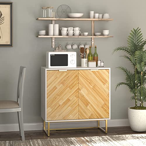 Buffet Sideboard Cabinet with Storage, Modern Accent Cabinet with 2 Doors & Adjustable Shelves, Kitchen Storage Cabinet Cupboard Console Table for Dining, Living Room, Bedroom, Entryway, White & Gold