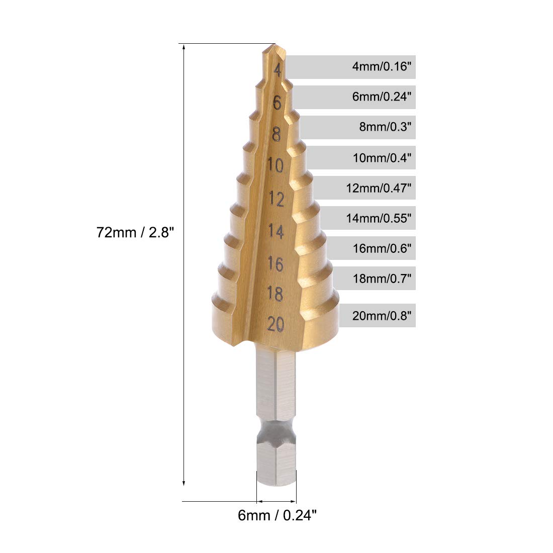 uxcell Step Drill Bit HSS 4241 4mm to 20mm 9 Sizes Titanium Coated Straight Flutes Hex Shank for Metal Wood Plastic