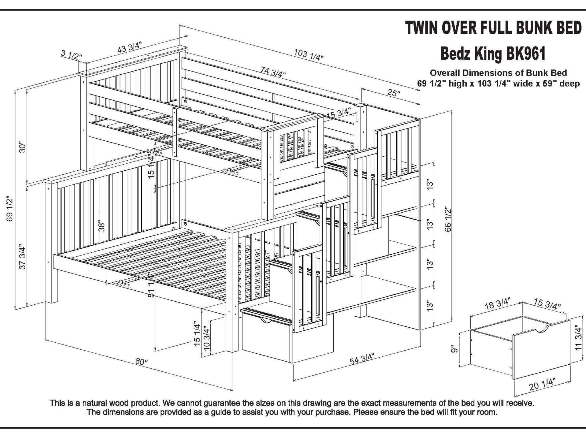 Bedz King Stairway Bunk Beds Twin over Full with 4 Drawers in the Steps and a Twin Trundle, White