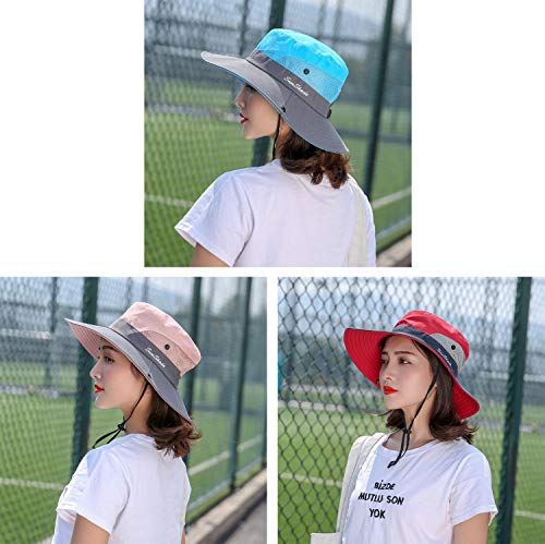 3 Pieces Women's Outdoor Ponytail Safari Sun Hat Foldable Mesh Wide Brim Beach Fishing Hat (red & Pink & Sky Blue)