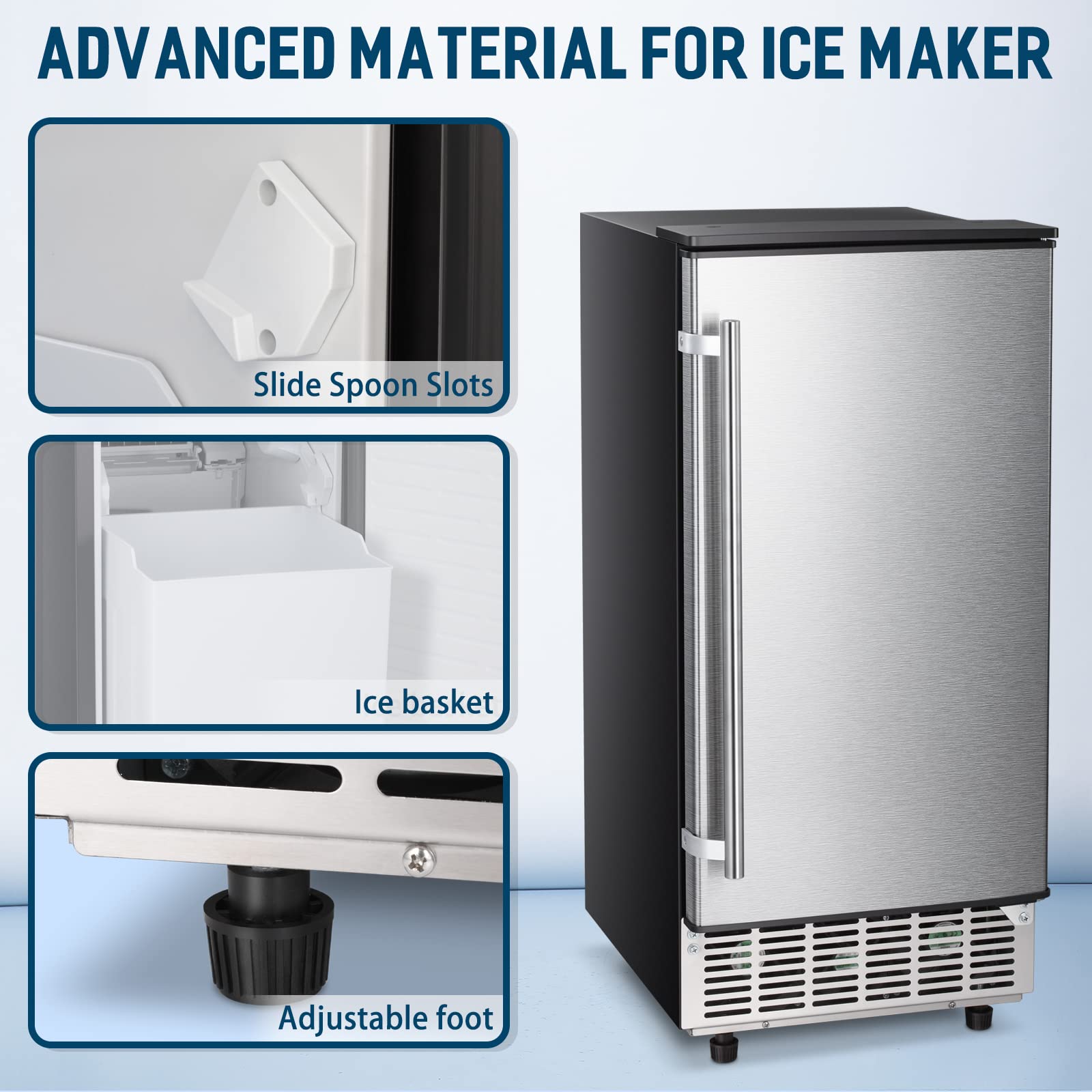 Antarctic Star Ice Maker 115V 60Hz Ice Scoop Handle Water Inlet Pipe Draining Pipe Quick Connector 40 Square Ice Cubes in 20 Minutes 80lbs in 24H 24-Hour Timer Self-Cleaning, Silver