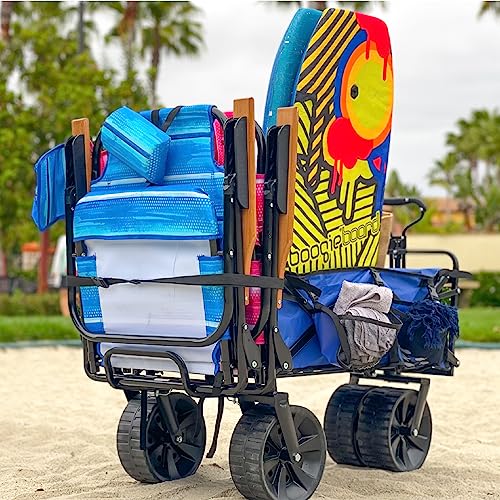 Beach Wagon Folding with Large Sand Wheels Heavy Duty Collapsible Cart with Patent Pending Beach Chair Holder Great for Ocean, Camping and Fishing β Solid Blue Color