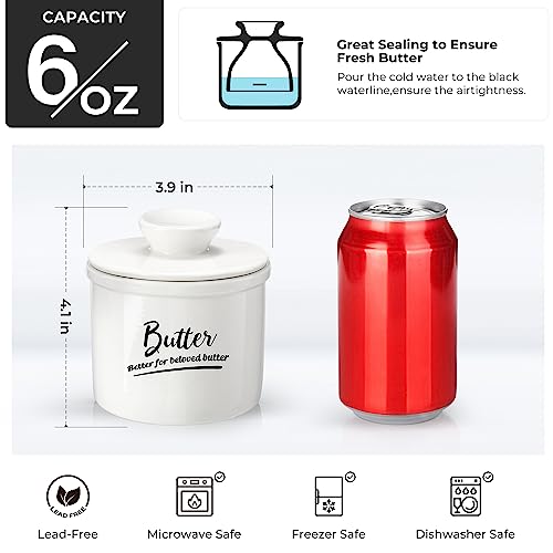 Butter Crock Butter Keeper with Knife and Perfect Silicone Seal French Butter Dish with Lid for Countertop, No More Hard Butter Good Kitchen Gift, White