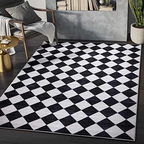 Abani Rectangular Area Rugs 8' x 10' Cream Black Checkered Diamond Machine Washable, Stain Resistant and Non-Shedding Polypropylene Large Rugs Modern Design