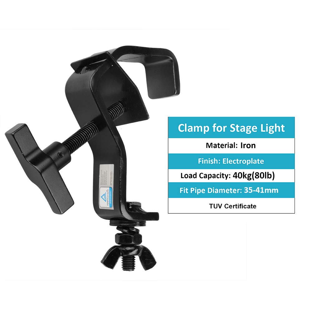4 Pack Black Stage Light Clamps Iron Lighting Truss Hook Heavy Duty C Clamps with Fixed Plate for DJ Par Light Spot Lights, Fit 1⅜-1⅝ inches (F24) Square and Round Pipe, Load 80 lb, TUV Certification