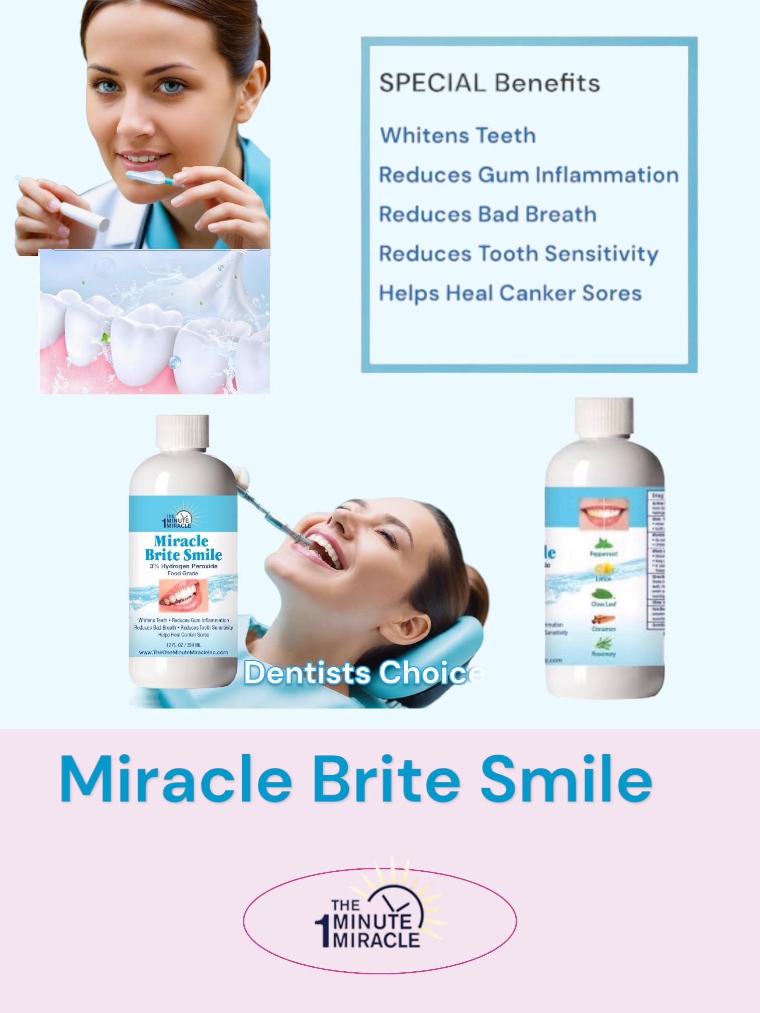 The One Minute Miracle - Miracle Brite Smile Mouthwash and 12% Hydrogen Peroxide Medical Food Grade 8 oz Bottle. Recommended by The One Minute Cure Book