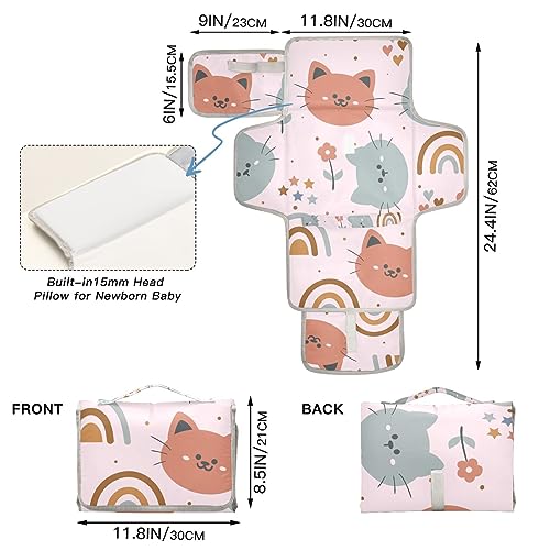 Bulletgxll Cat Cartoon Doodle(2) Portable Diaper Changing Pad Waterproof Changing Pad with Baby Tissue Pocket and Magic Stick for Newborn Baby.