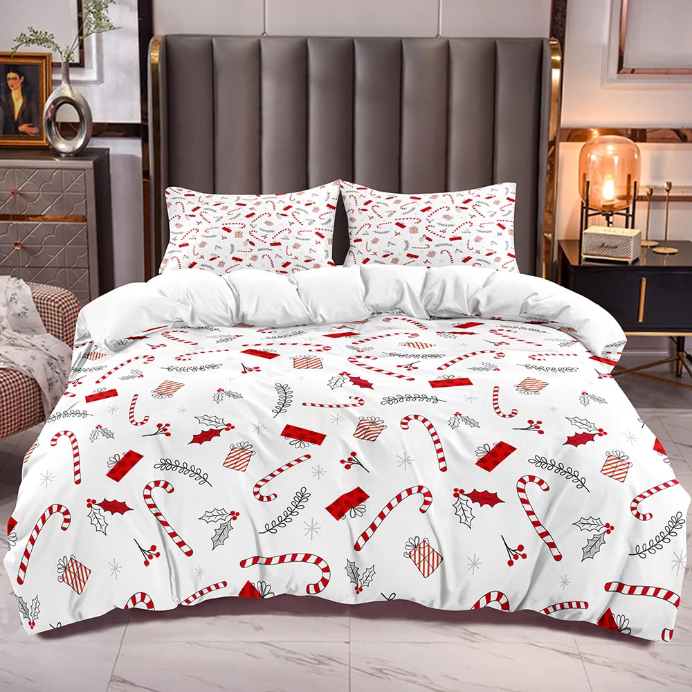 Abosbeet Christmas Duvet Cover Full Boys Girls Leaf Candy Pattern Comforter Cover Hidden Zipper Kids Bedroom Decor 2 Pillowshames White Bedding Sets Microfiber Soft Breathable Bedroom Decor
