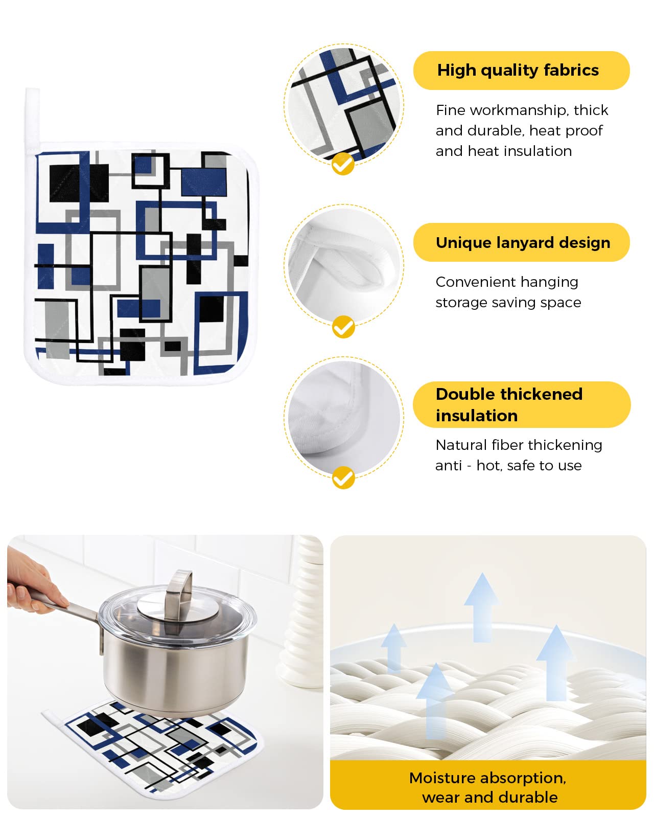 3 Pack Pot Holders for Kitchen,Nordic Royal Blue Checker Stripe Heat Proof Potholder Hot Pads Trivet,Modern Abstract Geometric Washable Coaster Potholders for Cooking Baking Grilling
