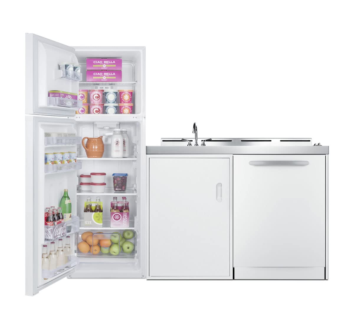 Summit Appliance ACKDW72 72" Wide All-in-one Kitchenette with Full-sized Frost-free Refrigerator-Freezer, 24" Dishwasher, Two Coil 115V Burners, Sink, and Storage Cabinet