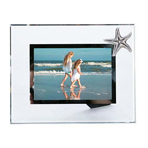Beachcombers Pewter Starfish Glass Picture Photo Frame Beach Sea Life Coastal Tropical Ocean Vacation Memories Gift Home Decor 4"x6" White