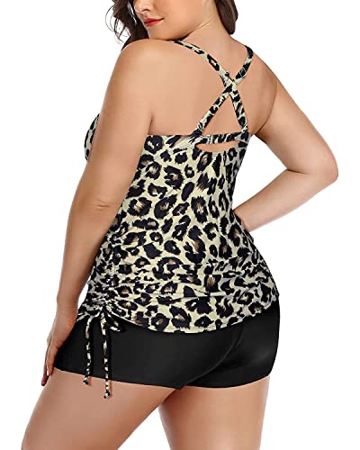 Aqua Eve Women Two Piece Plus Size Swimsuit High Neck Tankini Set Tummy Control Bathing Suit with Shorts Leopard 18W