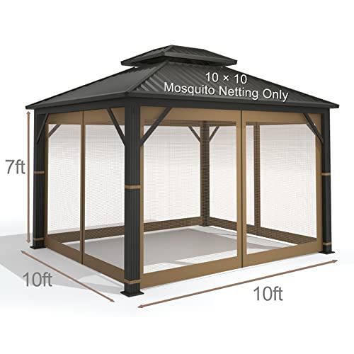 Gazebo Universal Replacement Mosquito Netting – Hugline 10' x 10' Outdoor Mesh Netting Screen 4-Panel Sidewall Curtain with Zipper (Khaki)