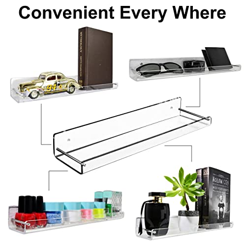 AMT 2 Pack Acrylic Floating Shelves, 15" L x 3.25" W, Clear Bathroom Wall Shelf, Bookshelves, Invisible Display for Office, Bedroom, Small Gap Allows Water to Escape, Free Screws & Drill Bit (Medium)