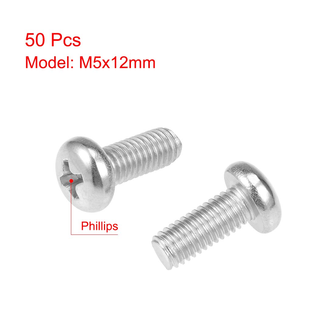 uxcell M5x12mm Machine Screws Pan Phillips Cross Head Screw 304 Stainless Steel Fasteners Bolts 50Pcs