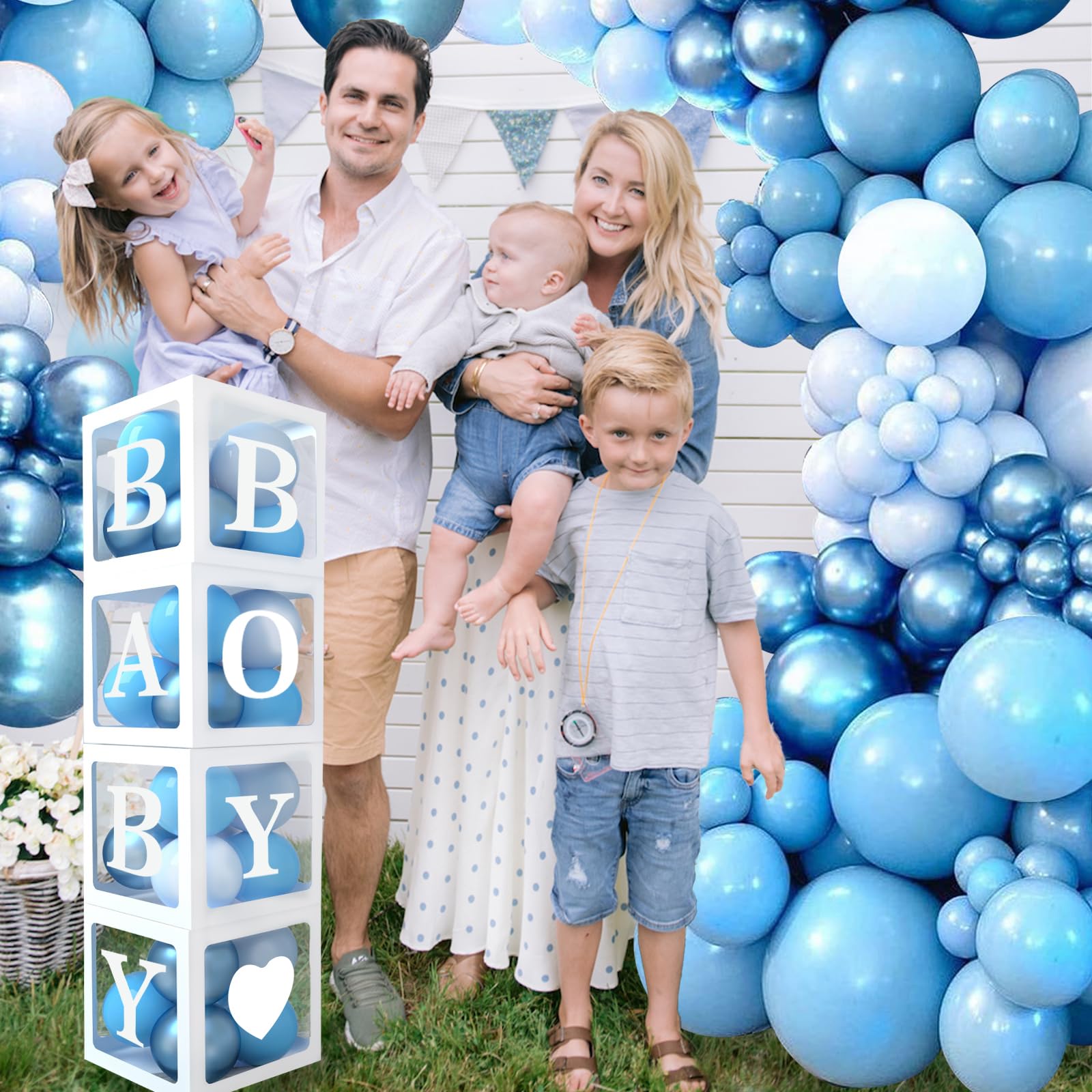 DataMoon Baby Shower Decorations for Boy - Navy Blue Baby Blue Different Sizes Light Blue Balloon Arch Kit,4pcs Boxes with Letters for Baby Boy Shower,Happy Birthday Decorations,Gender Reveal Party