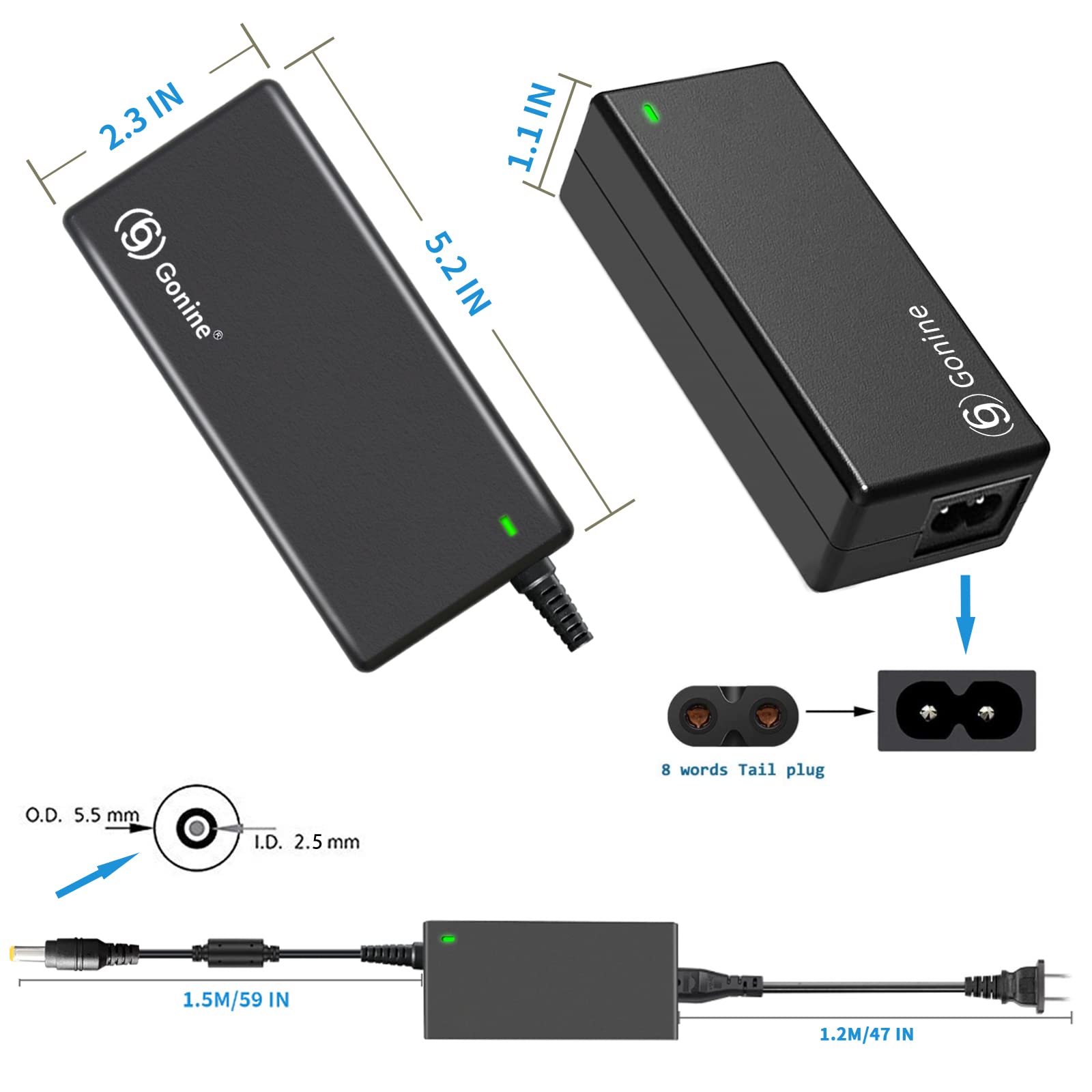 Gonine Security Camera Power Supply 12V 5A Power Cord with 8 Way Power Splitter Cable, 12 Volt 5A 60W Power Adapter for 12Vdc Lorex, Samsung, Q-See, Night Owl, Swann and Annke CCTV Cameras.